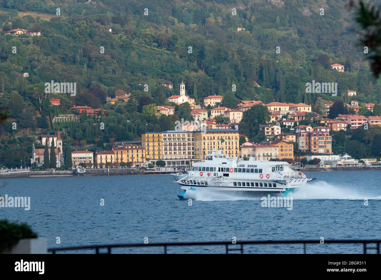 Lake Como, Italy - Sep. 30, 2019: Hydrofoil boat "Lord Byron" carrying ...
