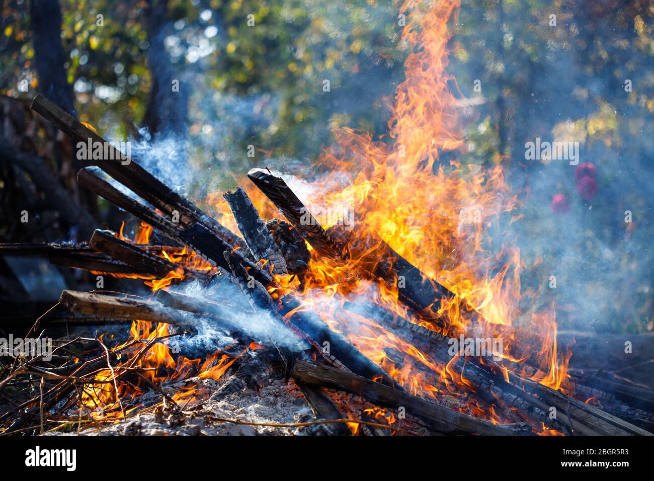 Big bonfire made of boards. Beautiful fire Stock Photo - Alamy