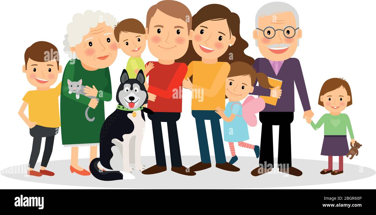 Cartoon family portrait. Big family together. Vector illustration Stock ...