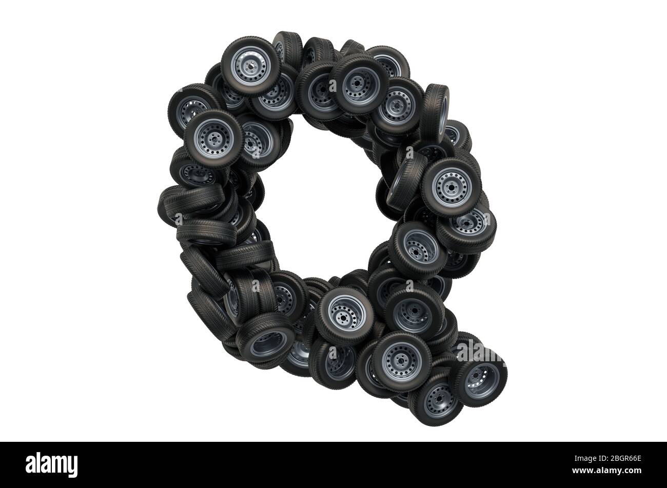 Letter Q from car wheels, 3D rendering isolated on white background ...