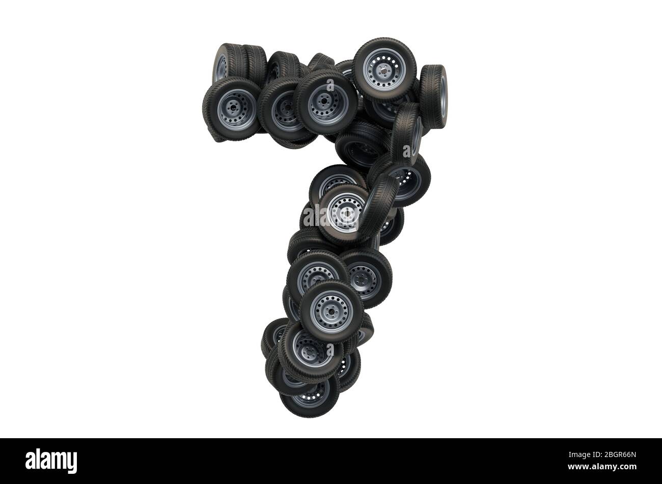 Number 7 from car wheels, 3D rendering isolated on white background ...