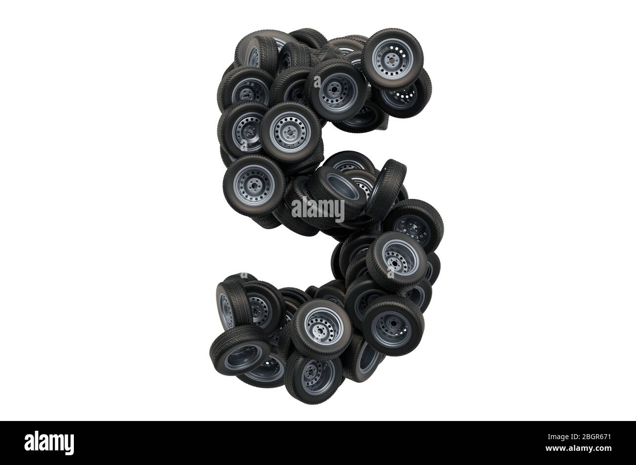 Number 5 from car wheels, 3D rendering isolated on white background ...