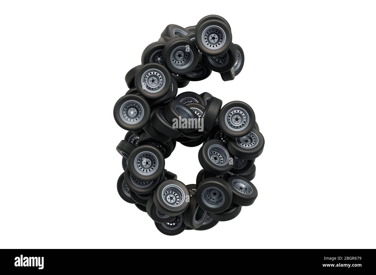 Number 6 from car wheels, 3D rendering isolated on white background ...