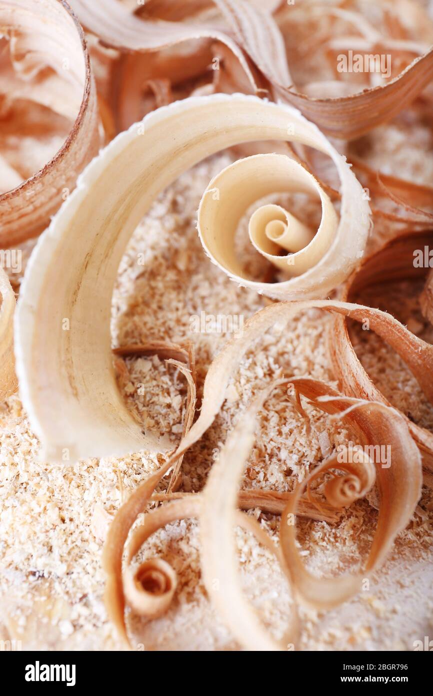Wood shavings on sawdust closeup Stock Photo - Alamy