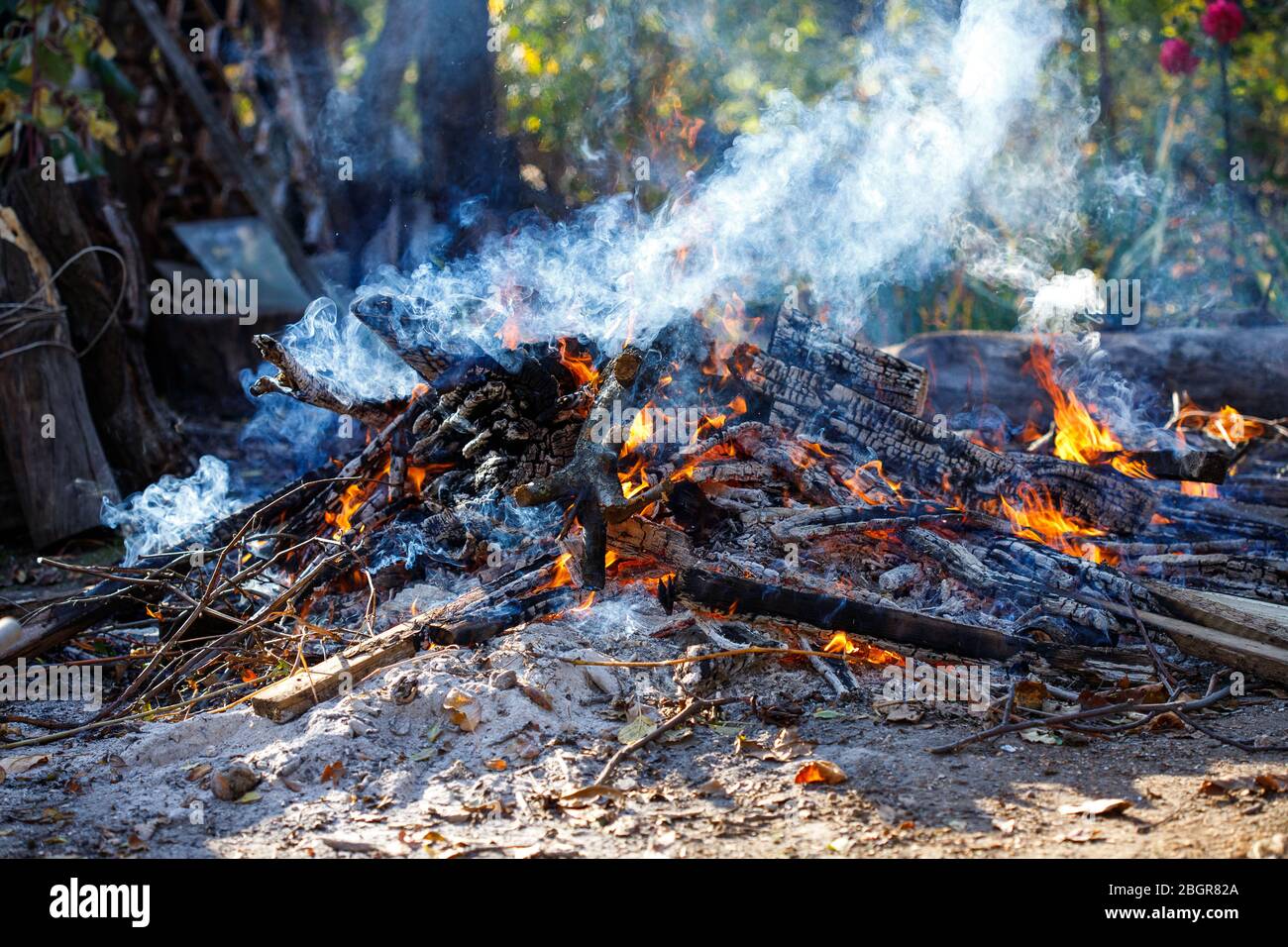 Large smoky bonfire in the garden Stock Photo - Alamy