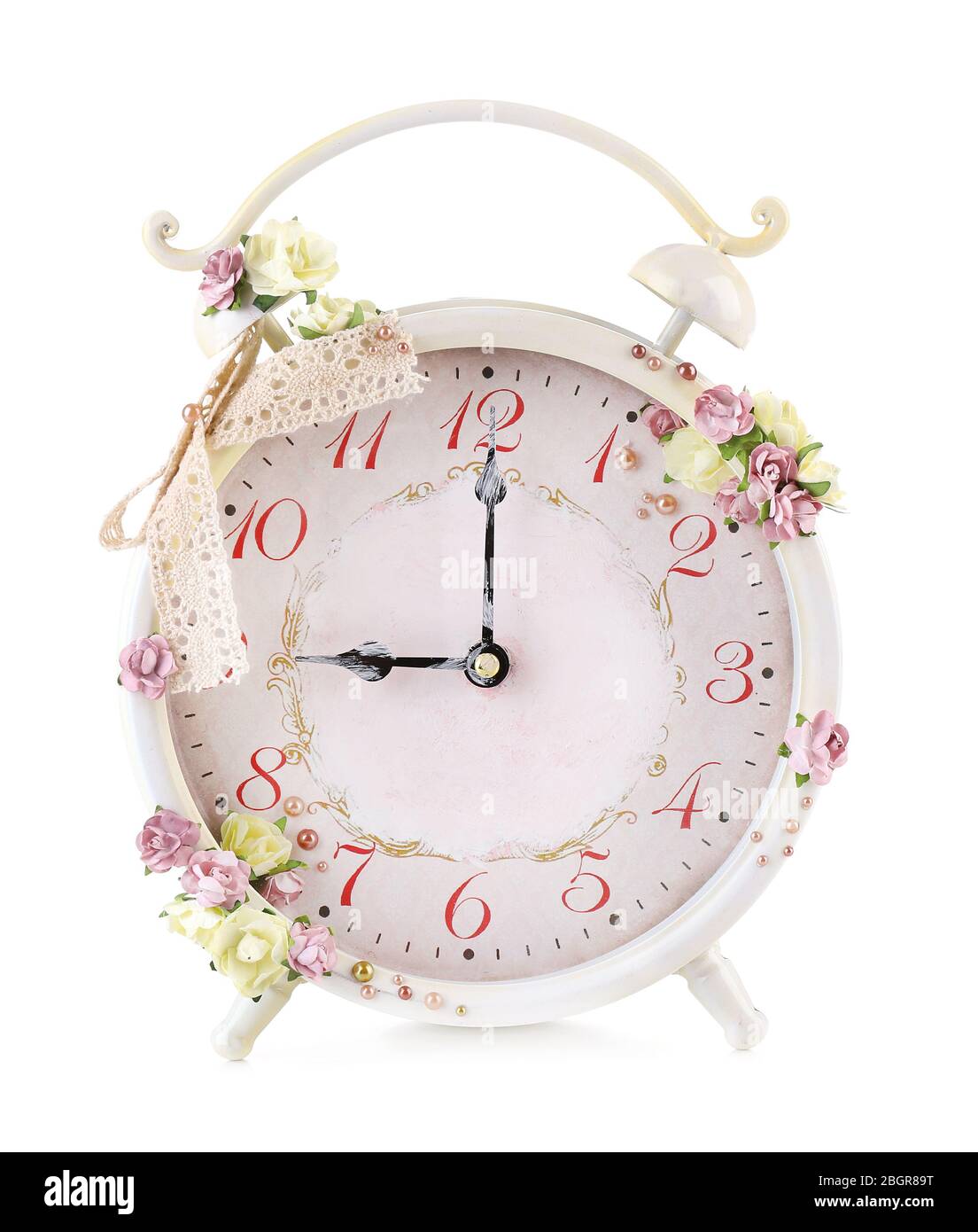 Beautiful vintage alarm clock with flowers, isolated on white Stock ...