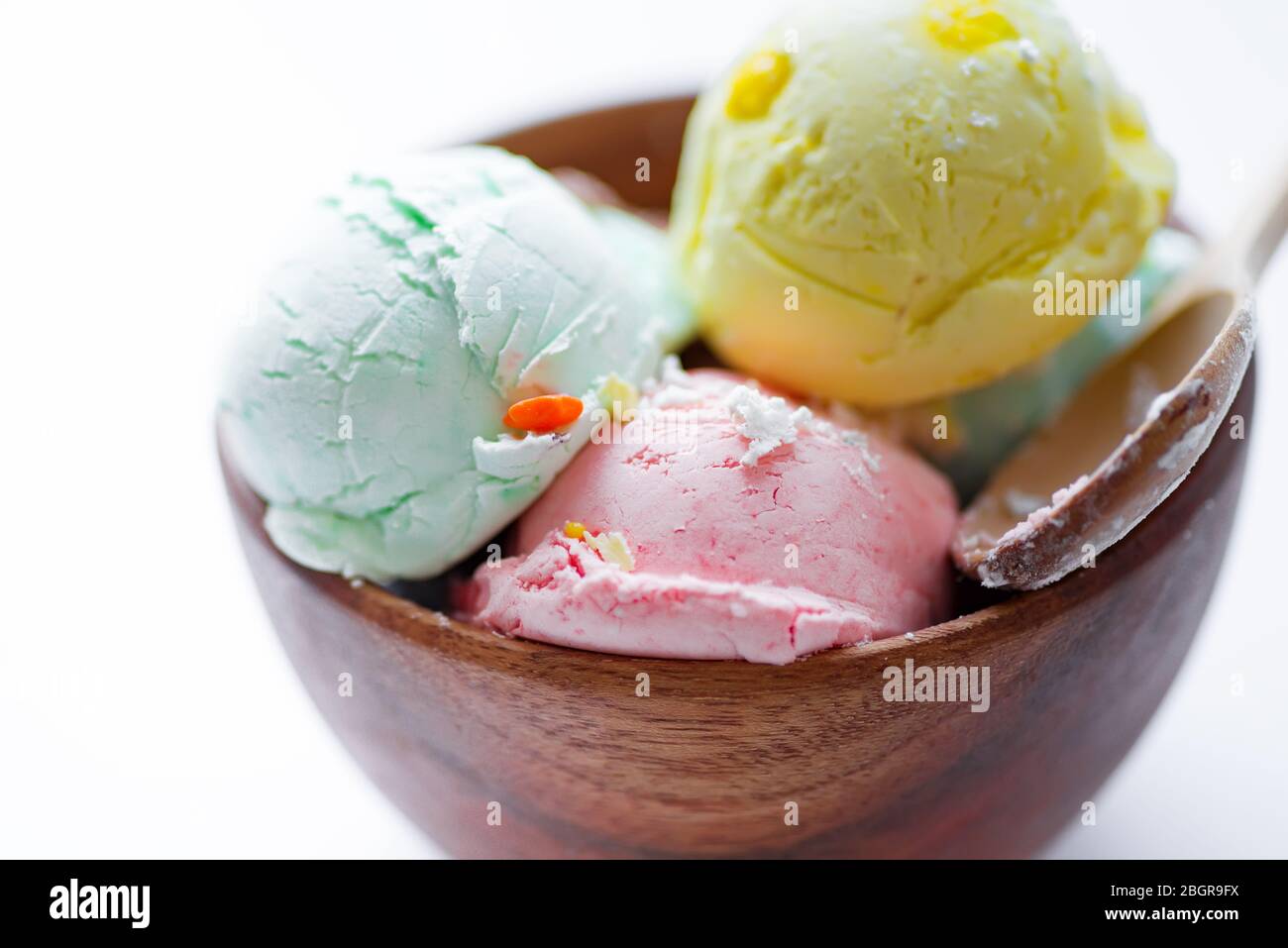 Balls of homemade fresh cold natural colorful ice-cream or gelato in ...