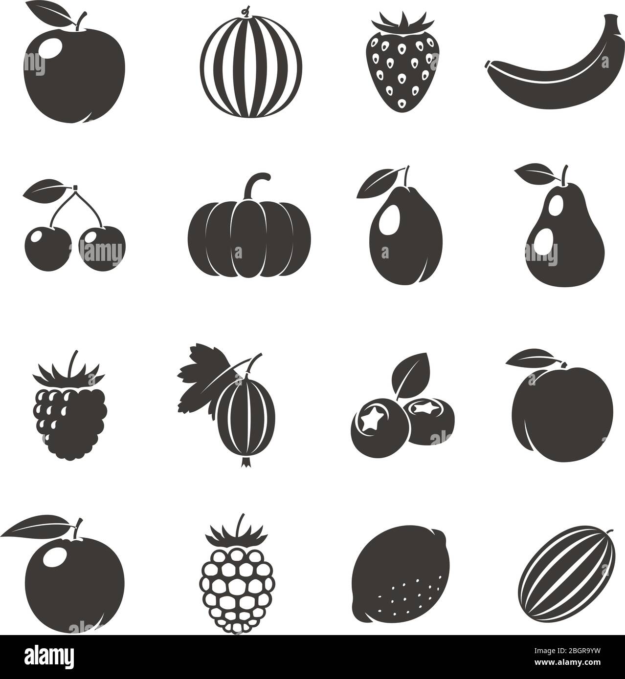 Fruits Black Icons. Different fruits icons on white background. Vector ...