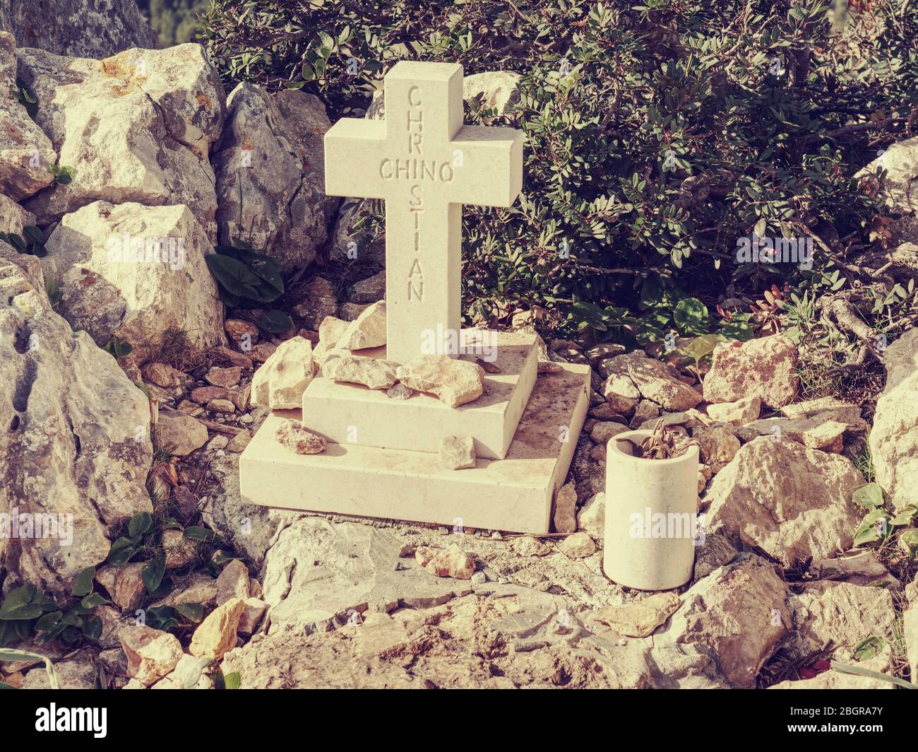 Cross at mountain top in Mallorca west peaks. Cross on top of a ...