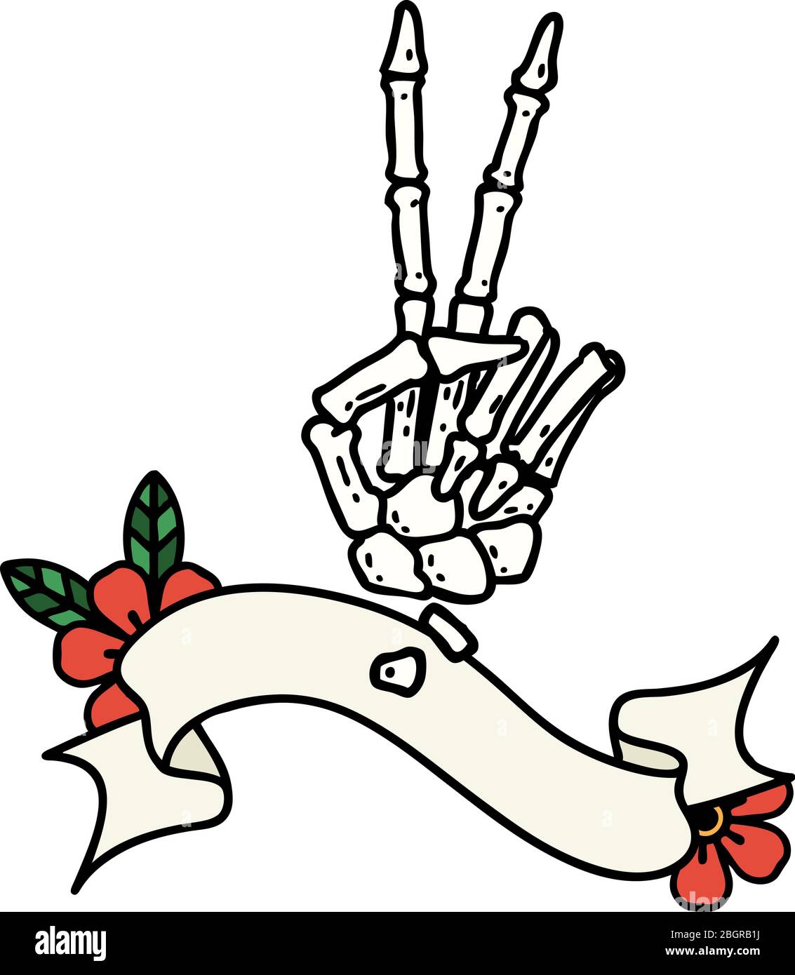 traditional tattoo with banner of a skeleton giving a peace sign Stock ...