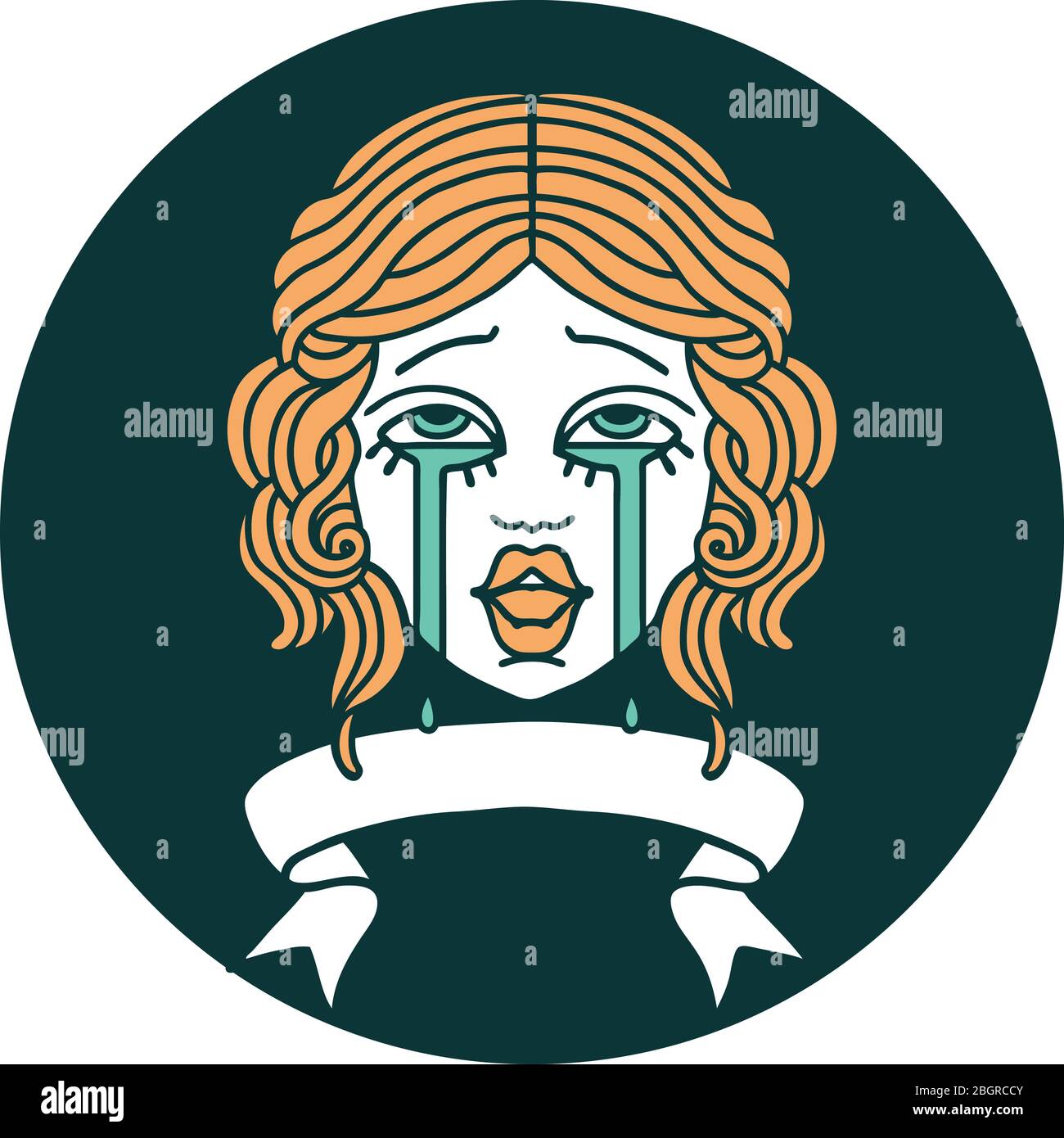 tattoo style icon with banner of a very happy crying female face Stock ...