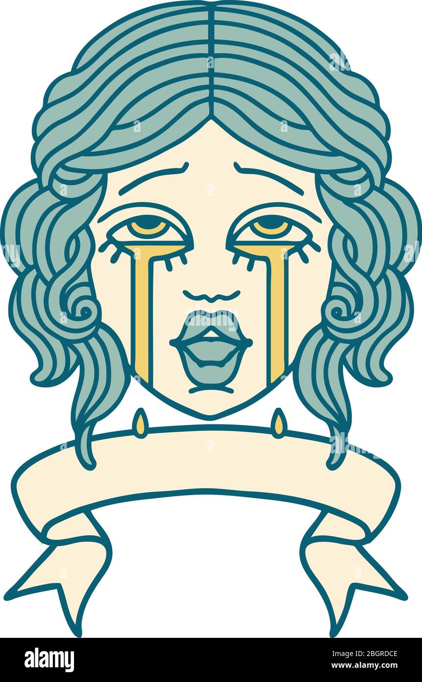 traditional tattoo with banner of a very happy crying female face Stock ...
