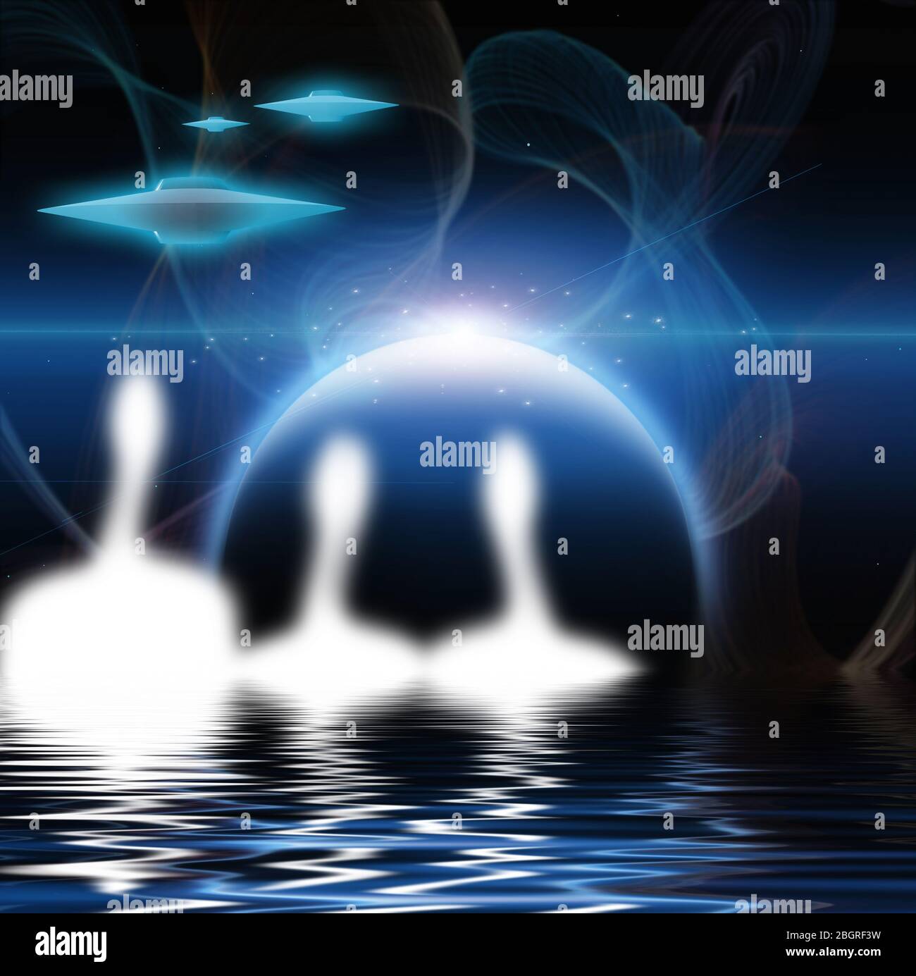 Surreal digital art. Aliens and alien planet with space ships Stock ...