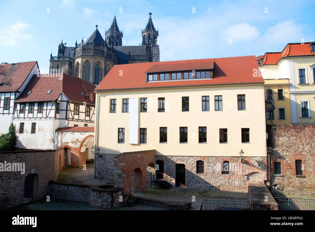 medieval houses and old town with the Basilika in Magdeburg, Germany ...