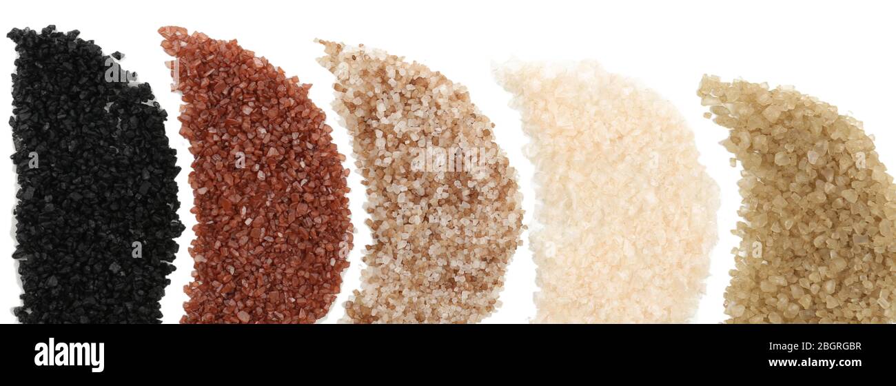 Variety of different foods sea salt, isolated on white Stock Photo - Alamy