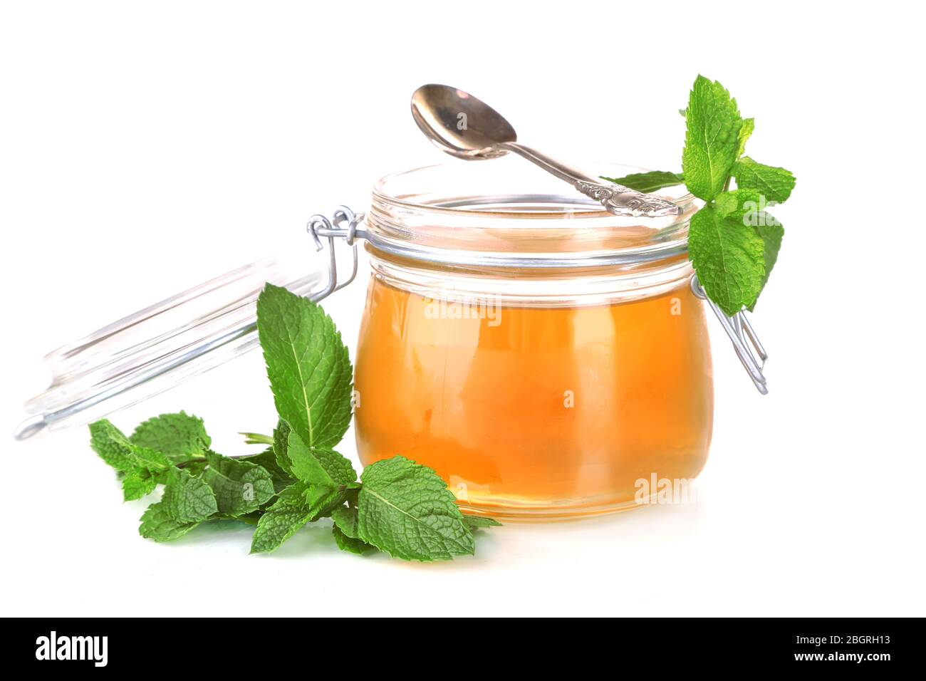 Homemade mint jelly in glass jar, isolated on white Stock Photo - Alamy