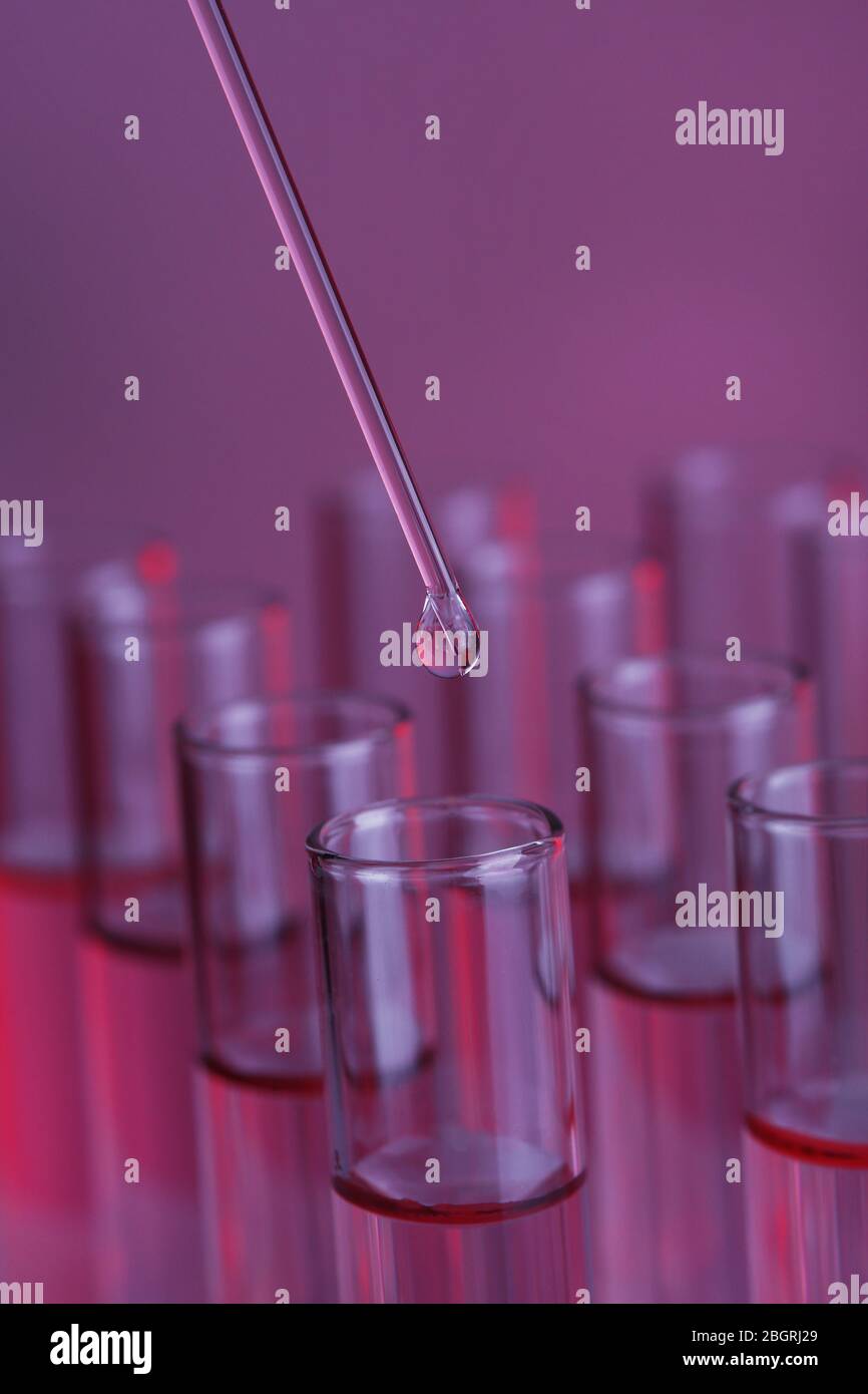 Test-tubes with blue liquid and stick on purple background Stock Photo ...