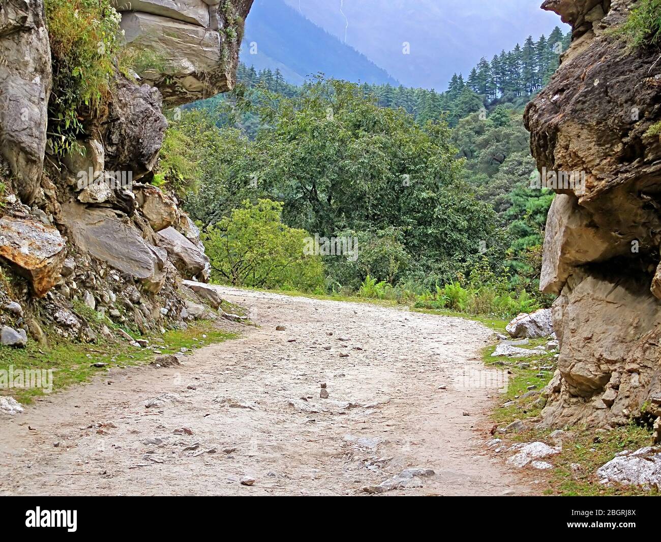 Rural road and green plants in mountains with cloudy sky in Nepal ...