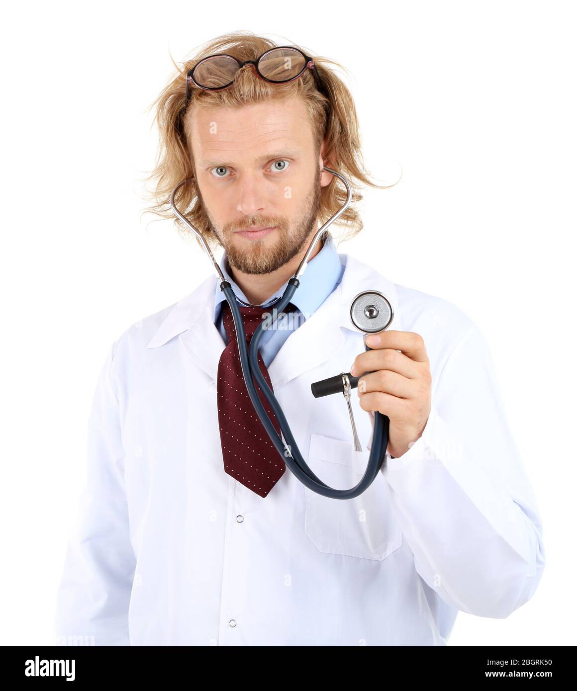 Funny doctor in glasses with stethoscope isolated on white Stock Photo ...