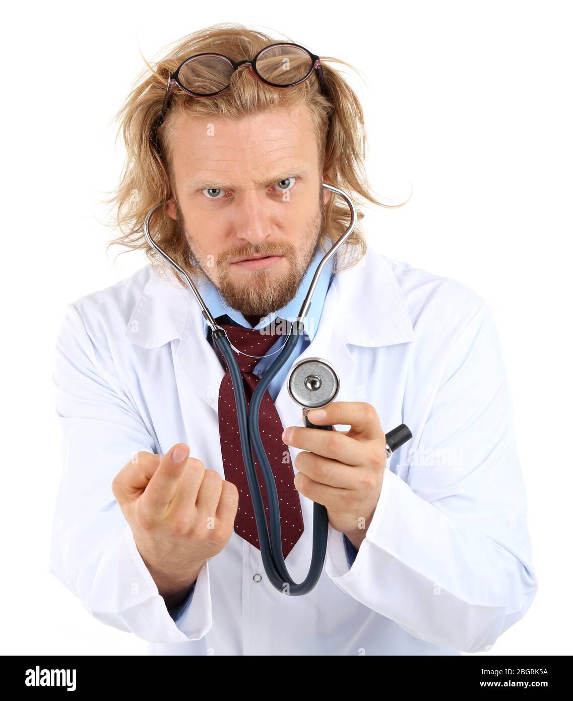 Funny doctor in glasses with stethoscope isolated on white Stock Photo ...