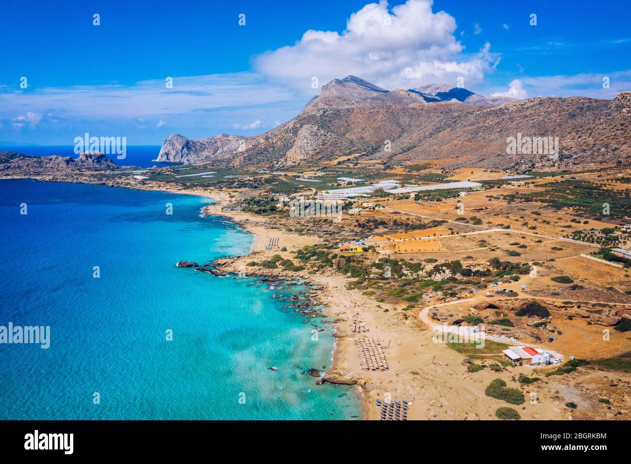 Aerial shot of beautiful turquoise beach Falasarna (Falassarna) in ...
