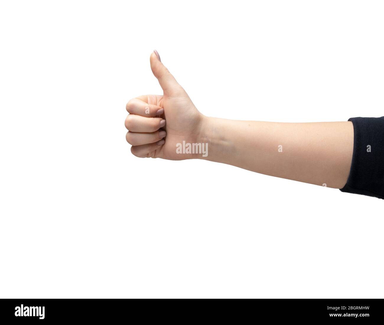 Female hand with black kovty hand shows like symbol, finger up, sign ...