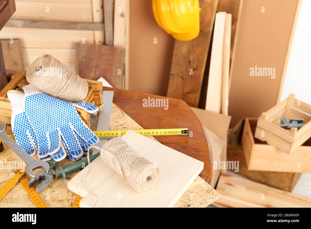 Working tools on desk, in workshop Stock Photo - Alamy