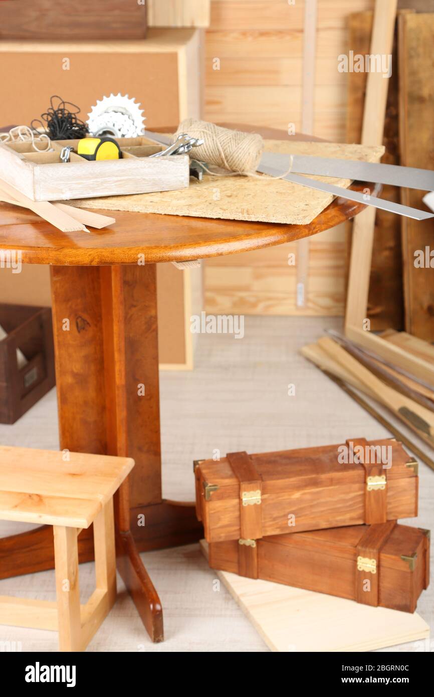 Working tools on desk, in workshop Stock Photo - Alamy