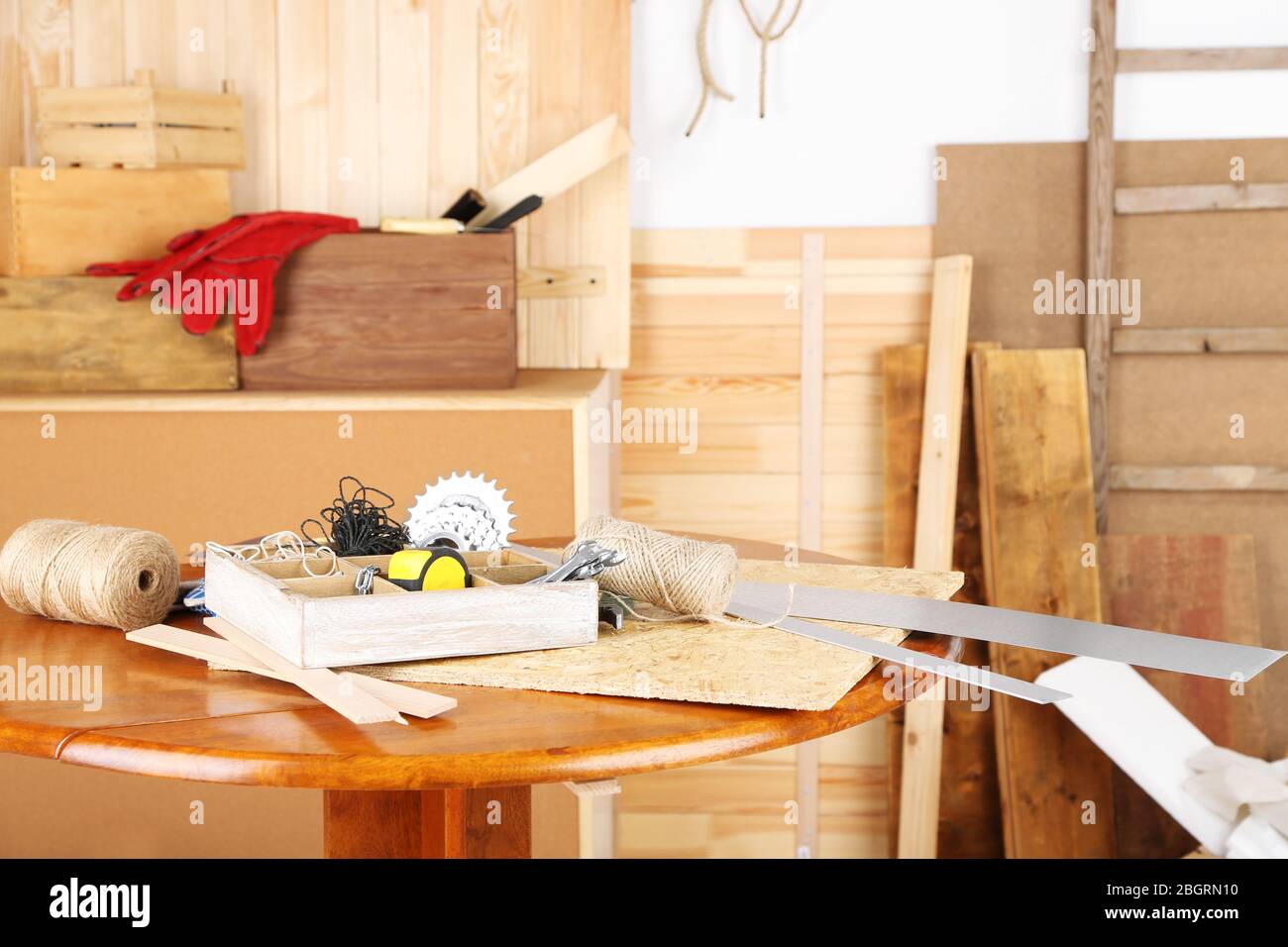 Working tools on desk, in workshop Stock Photo - Alamy