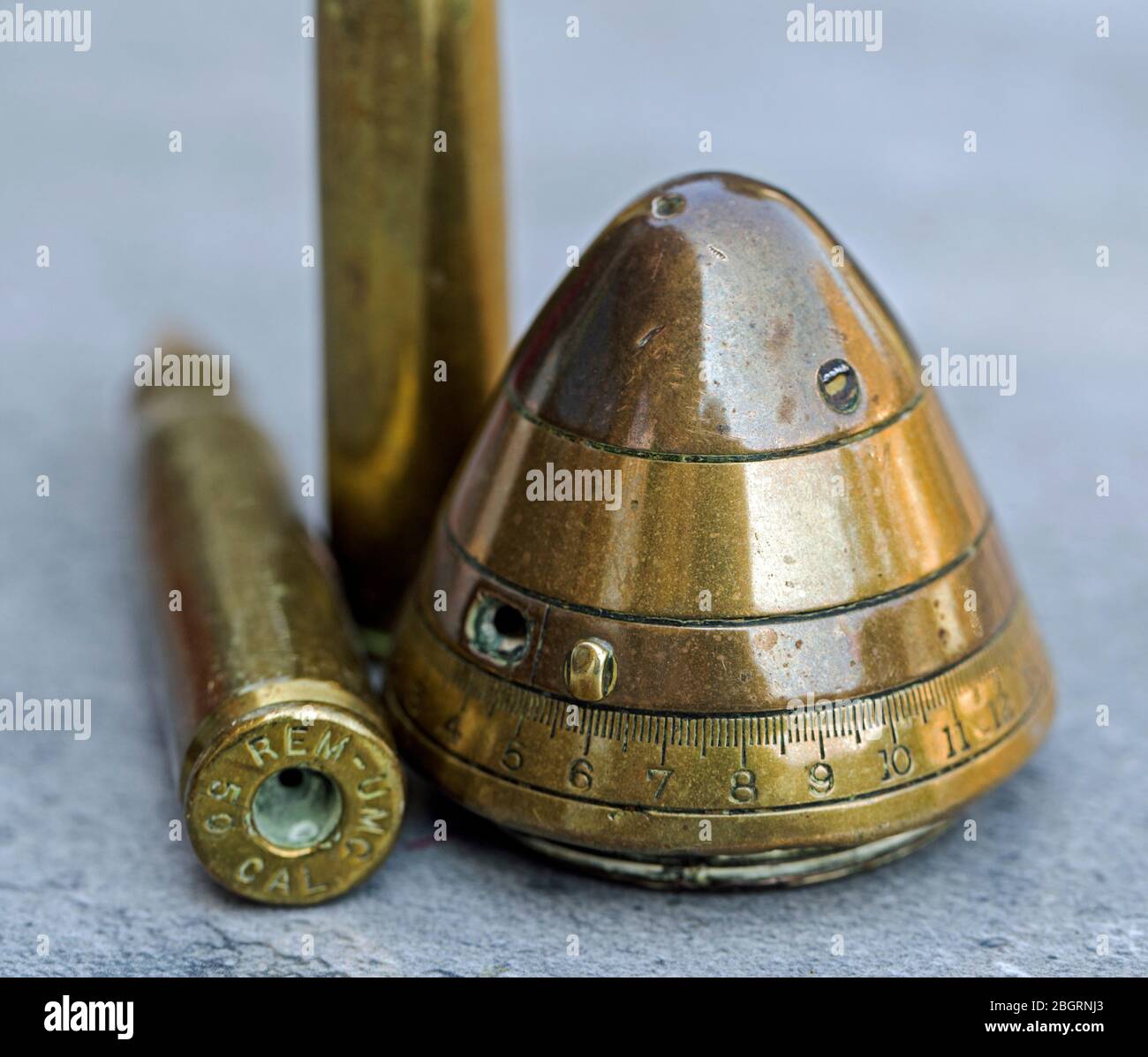 Very rare WW1 shell timer with 50 mm shell cases shot close up on a ...