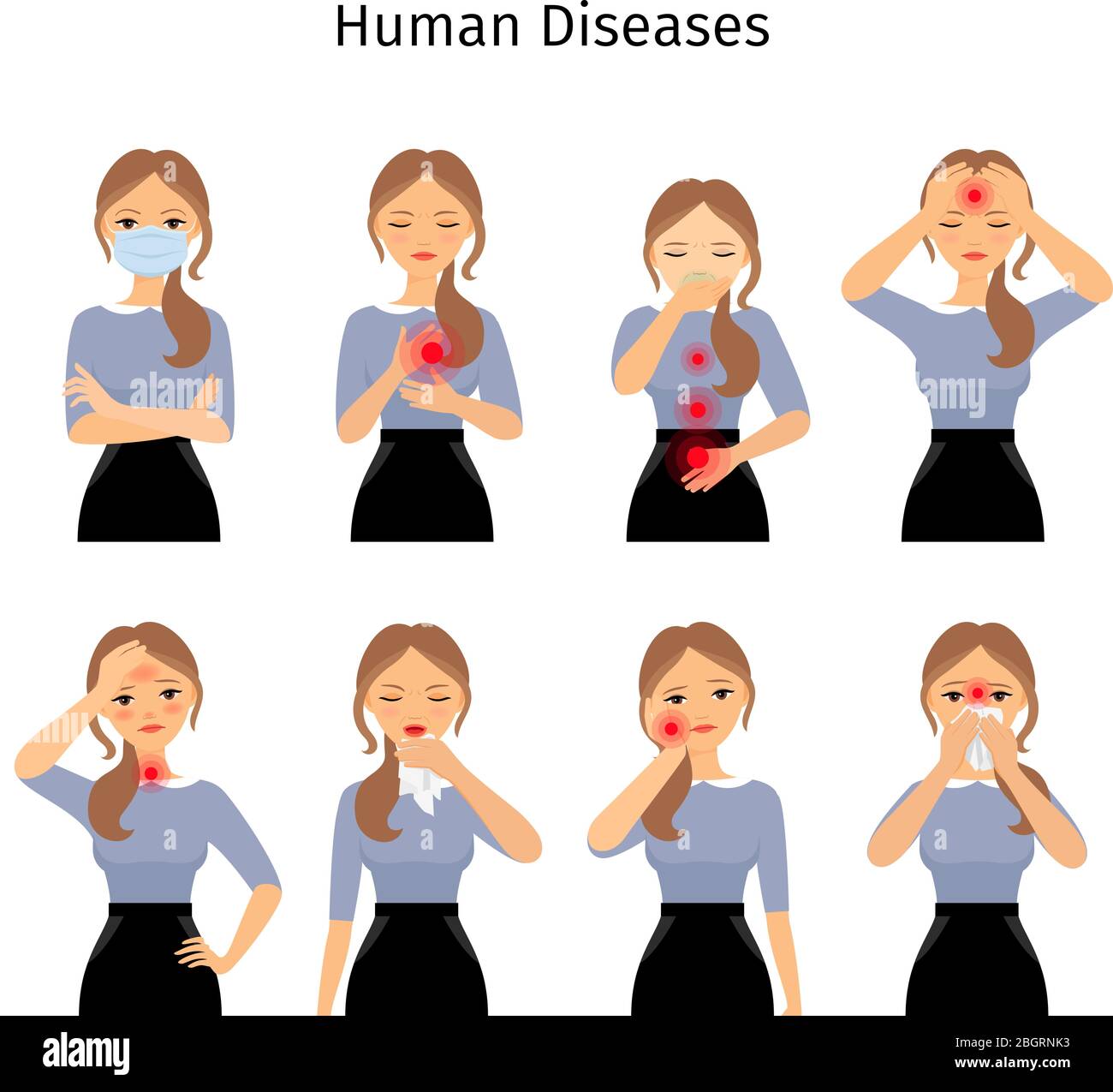Sick woman. Young woman with different types of pains and diseases ...