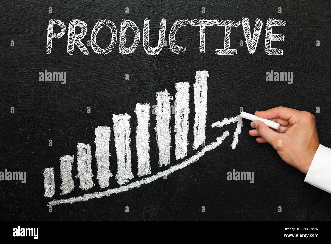 Blackboard with handwritten productive text. Arrow going upwards and ...