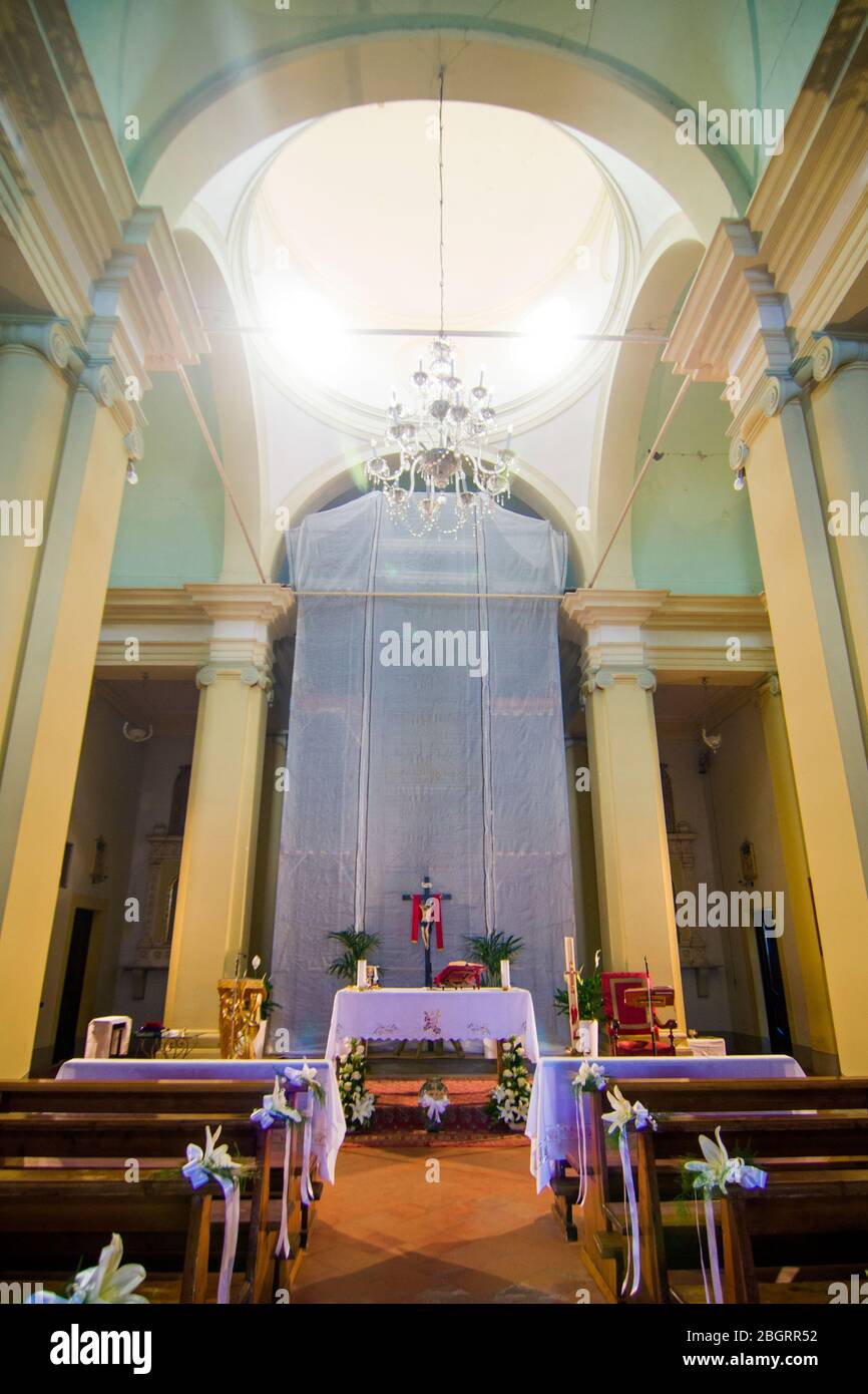 church interior, altar with external light, ready for mass Stock Photo ...