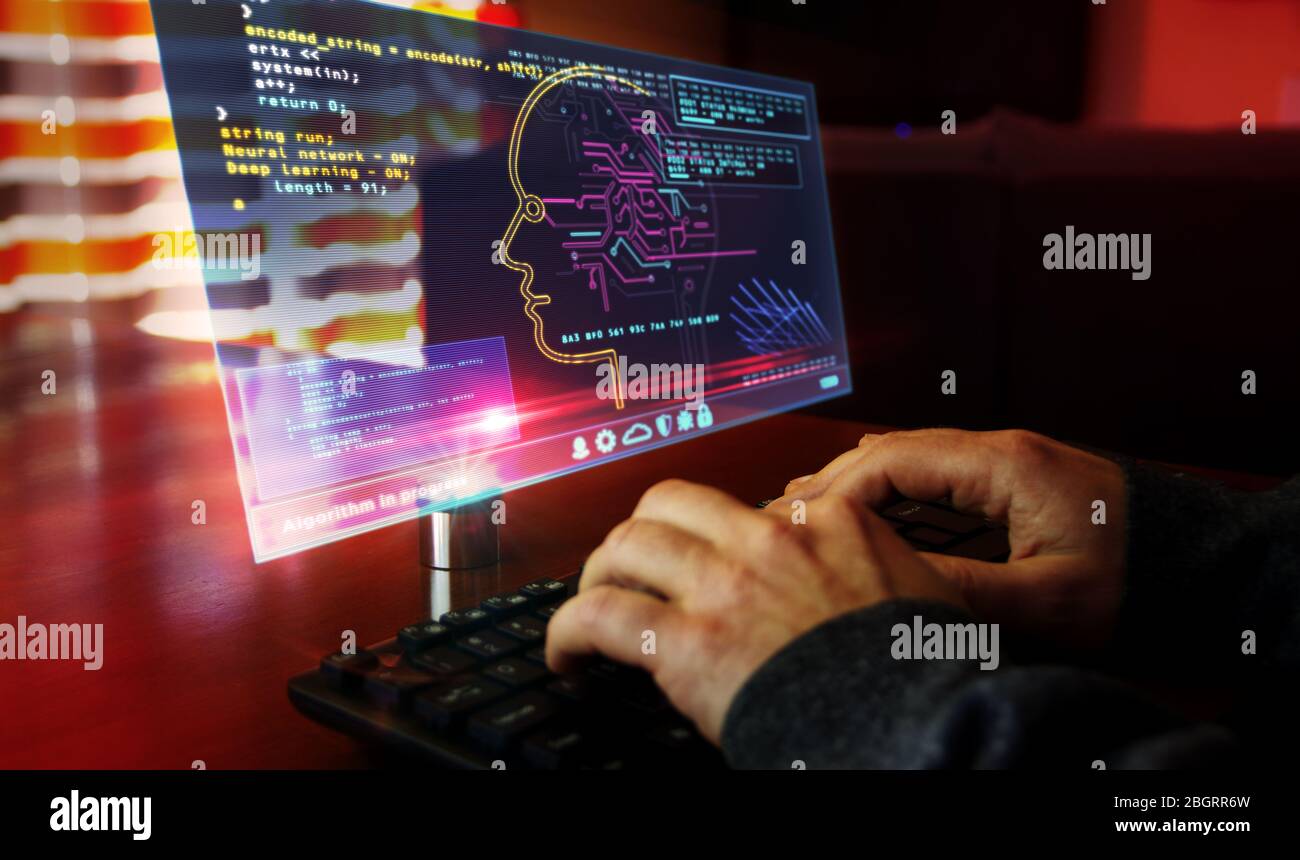 Artificial intelligence. Camera moves around hud display and man typing ...