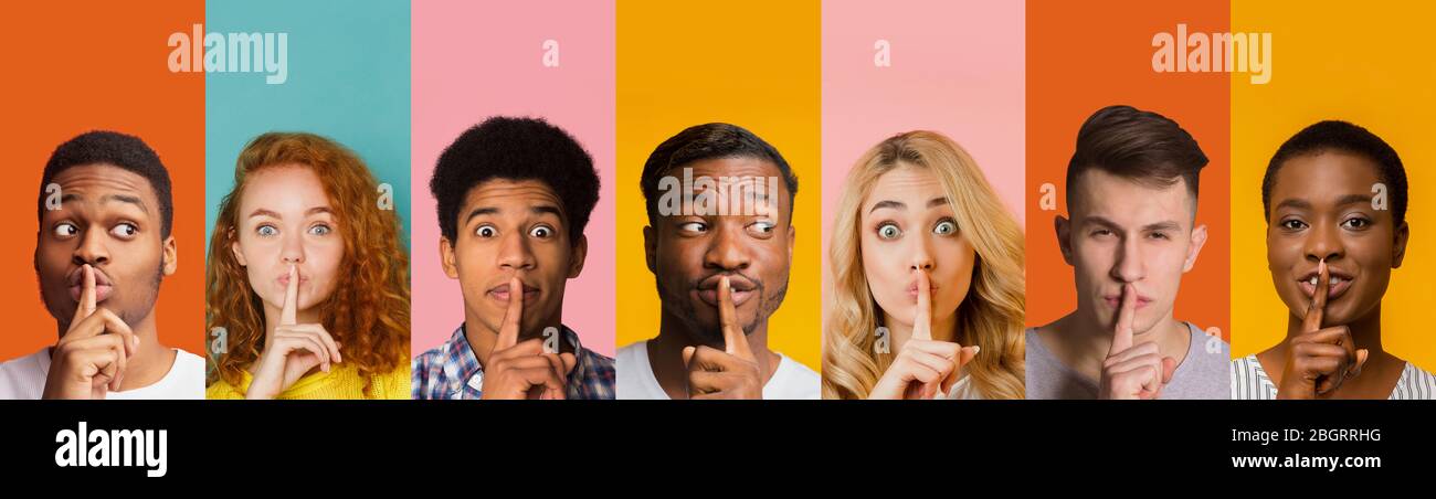 Collage with diverse people showing shush gesture on color background ...