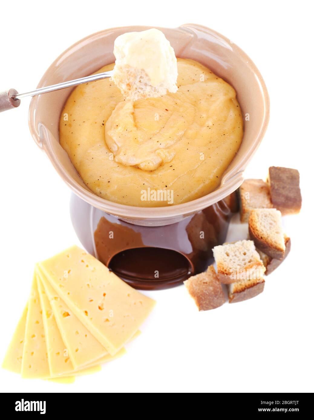 Fondue, rusk and slices of cheese isolated on white Stock Photo - Alamy