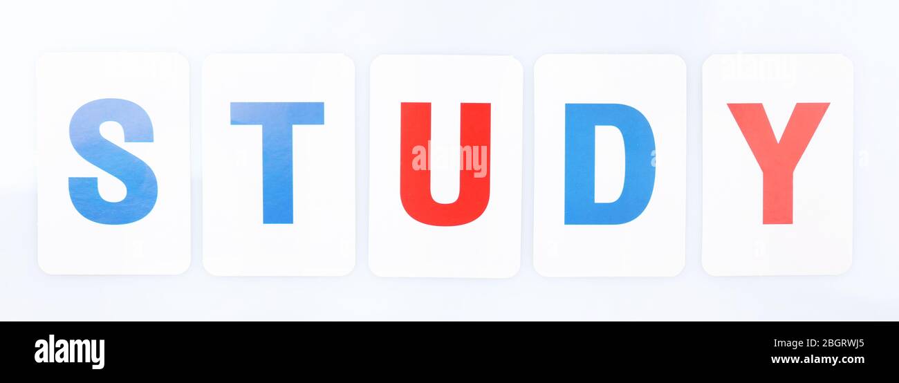 Study word formed by educational paper cards isolated on white Stock ...