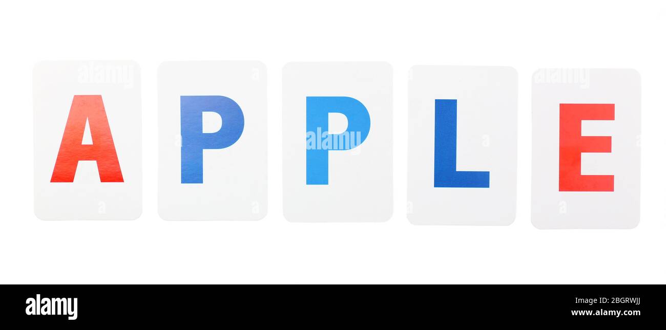 Apple word formed by educational paper cards isolated on white Stock ...