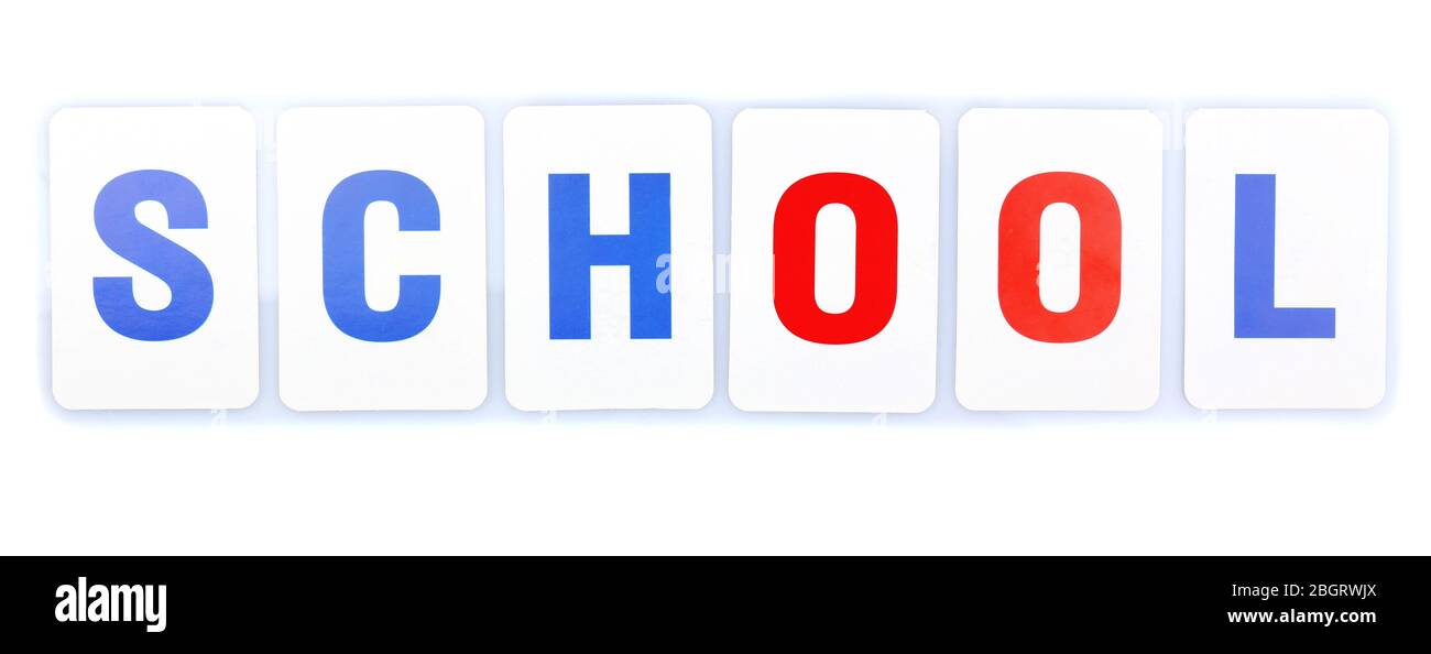 School word formed by educational paper cards isolated on white Stock ...