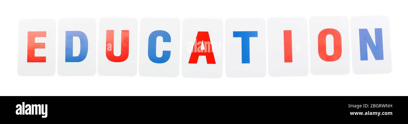 Education word formed by educational paper cards isolated on white ...