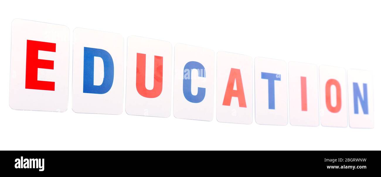 Education word formed by educational paper cards isolated on white ...