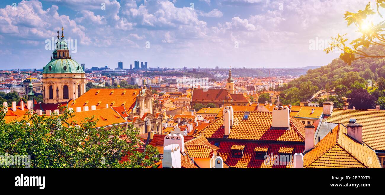 Top view to red roofs skyline of Prague city, Czech Republic. Aerial ...
