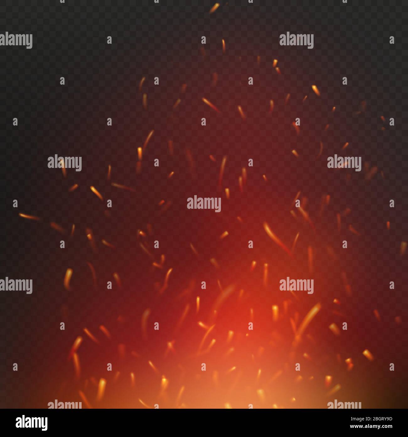 Fire sparks effect flying up with glowing particles in air over dark ...