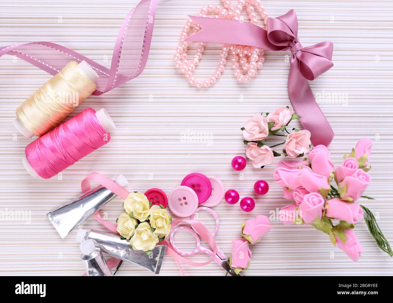 Scrapbooking craft materials on light background Stock Photo - Alamy