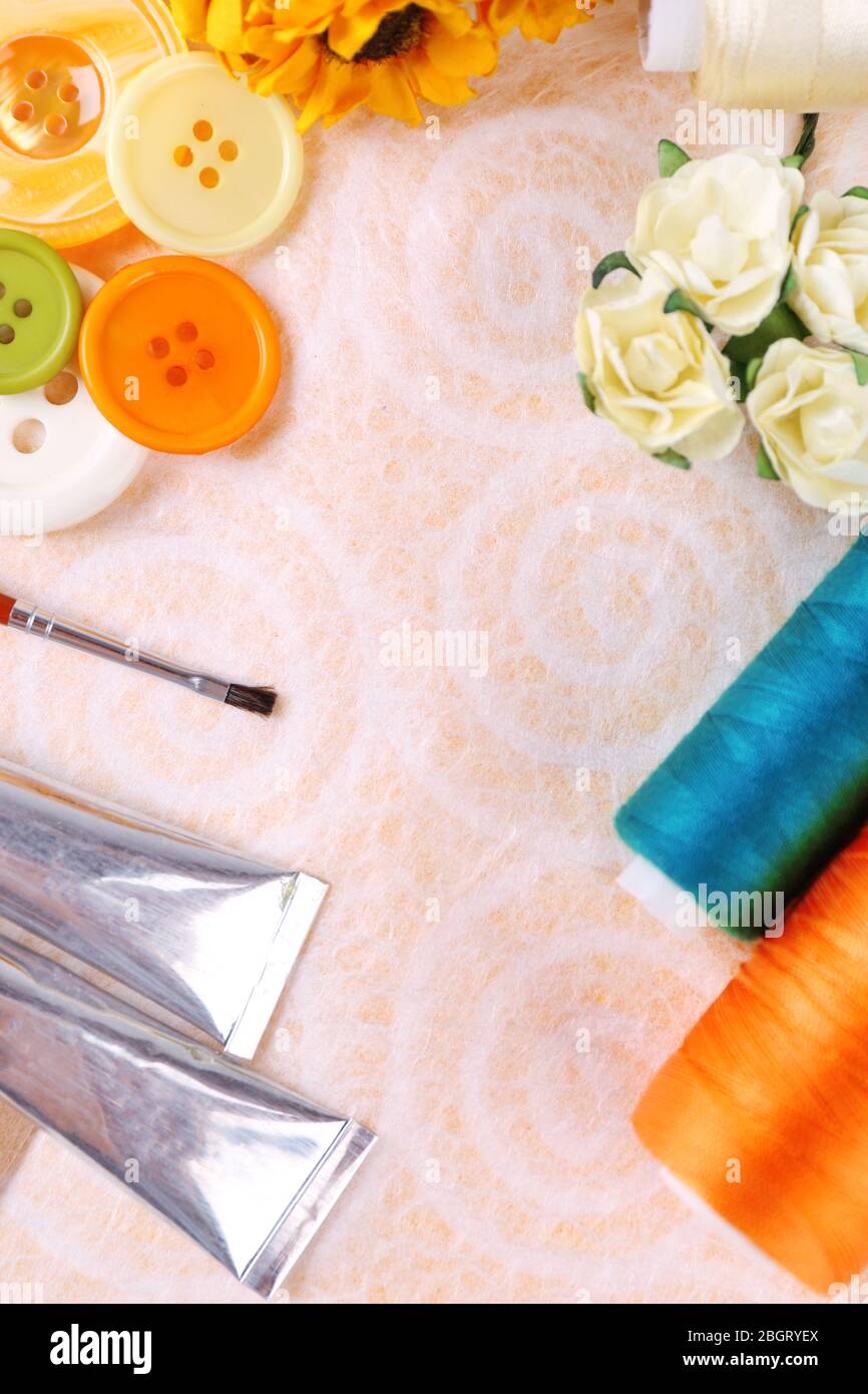 Scrapbooking craft materials on light background Stock Photo - Alamy