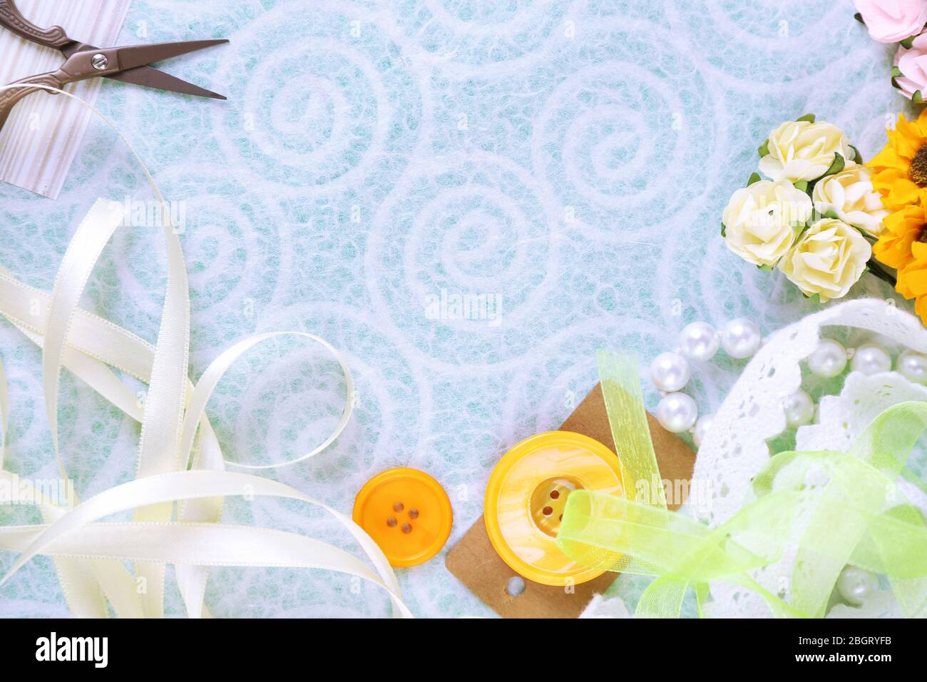 Scrapbooking craft materials on light background Stock Photo - Alamy