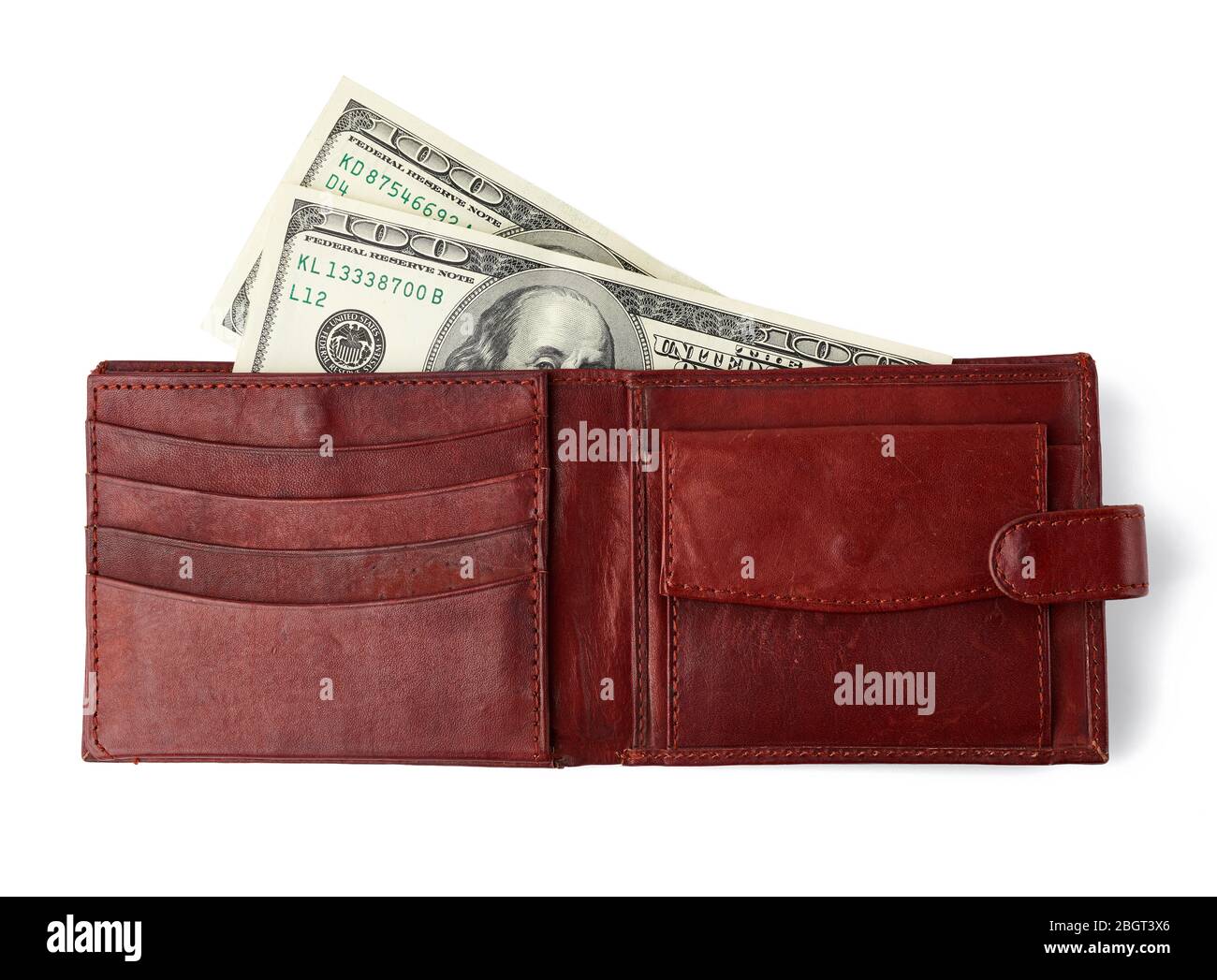 open brown leather wallet with one hundred US dollar bills isolated on ...