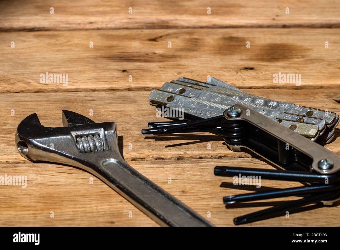 Tools for repair and building. Hummer, adjustable spanner, ruler ...