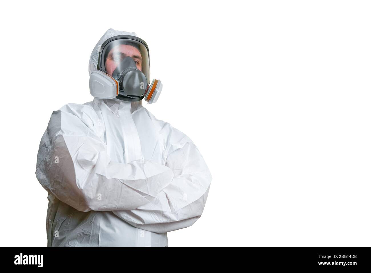 Man in protective suit and respiratory gas mask isolated on white Stock ...
