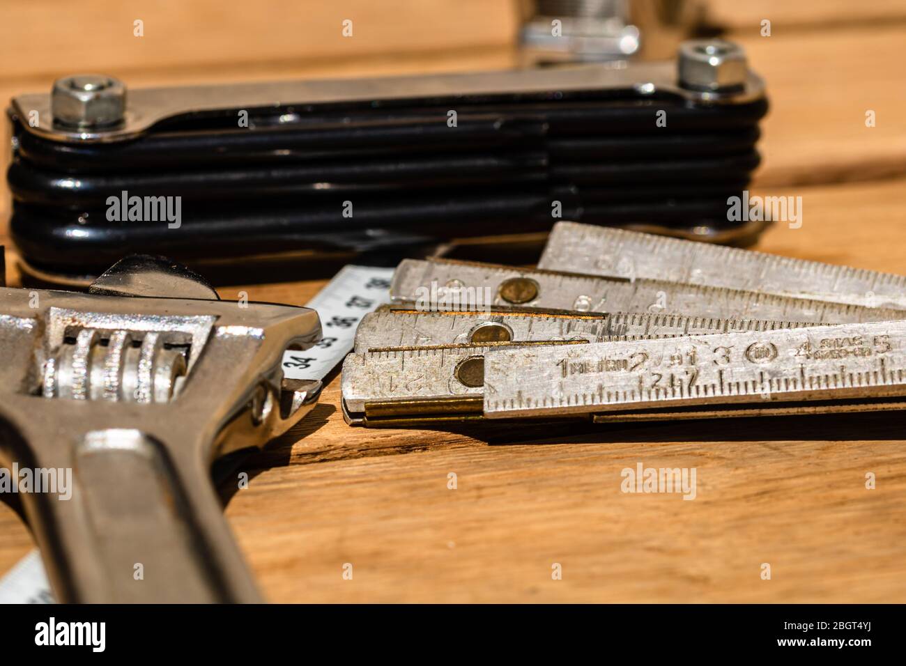 Tools for repair and building. Hummer, adjustable spanner, ruler ...